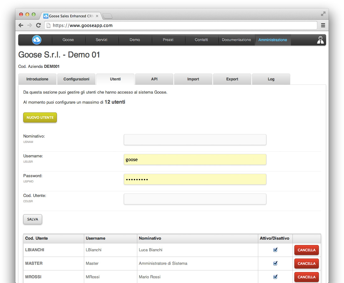 Gestione Utenti Goose - Goose App CRM per la Gestione Clienti, Offerte ...